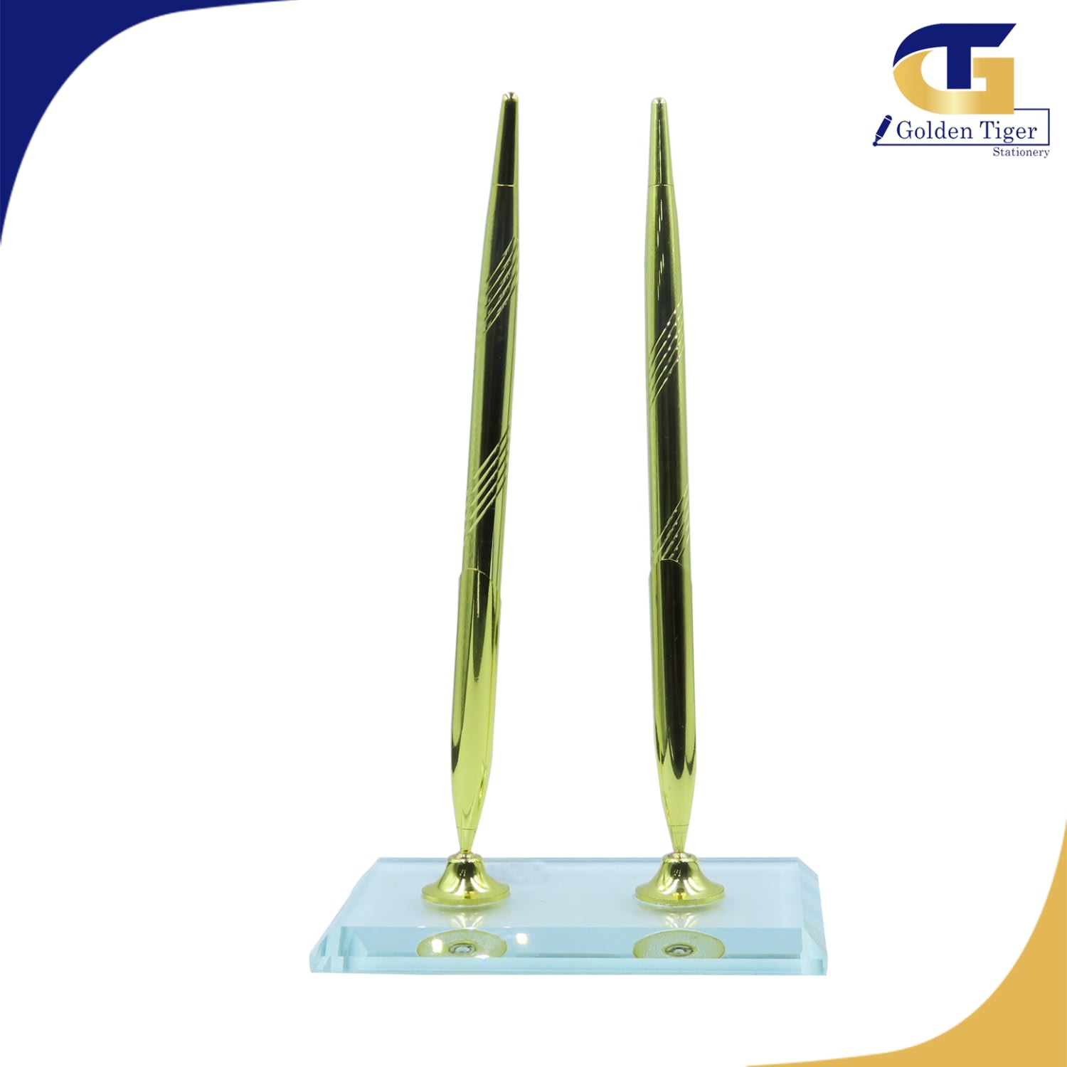 Office Table Ballpen glass base with metal Chain (Gold/2pcs pen ...